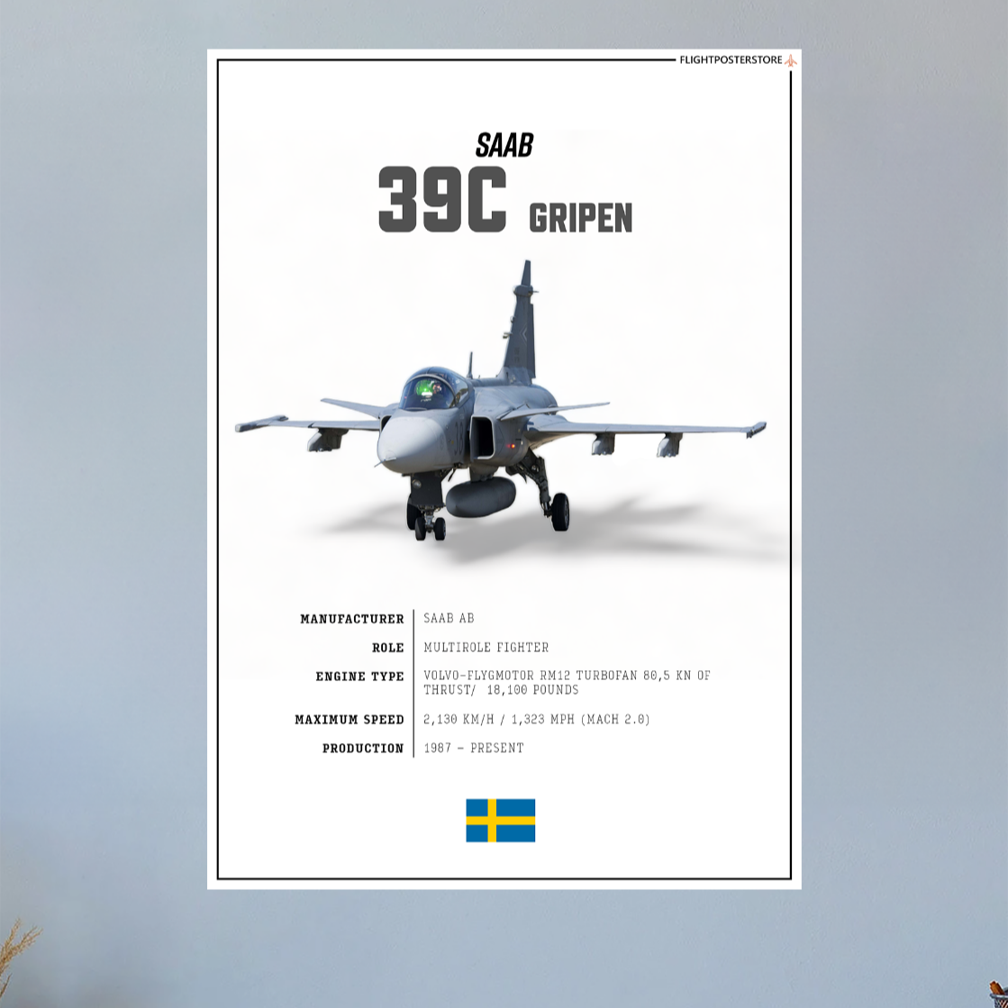 SAAB 39C Gripen SPEC. Poster – flightposterstore